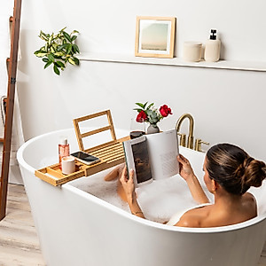 Zaz Bamboo Luxury Bathtub Tray Wooden - Bath Caddy Table with Expanding Adjustable Slats for Tub with Phone Tablet Book Towel Beverage Holders - Varnished Mold Proof