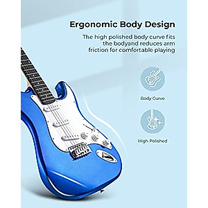 Electric Guitar 39 Inch Full Size Electric Guitar Beginner Starter Kit Bundle with Folding 10W Amp for Adults Teens,Metallic Blue, by Vangoa