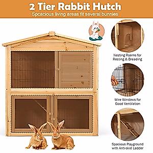 PETSITE 2 Story Rabbit Hutch Indoor Outdoor, Wooden Bunny Cage Pet House for Small Animals