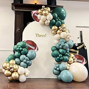 Football Balloons Arch Garland Kit 150PCS Dark Green Dusty Blue Sand White Balloons Rugby Mylar Balloons for Boho Super Bowl Eagle First Touch Down Birthday Party Baby Shower Decoration