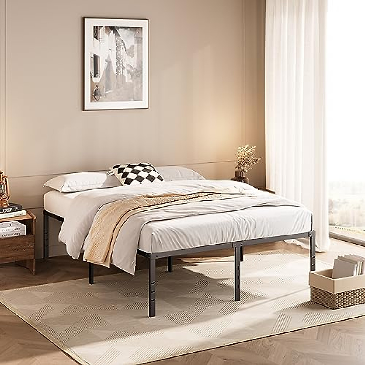 JTPTU 14 Inch Queen Size Bed Frame No Box Spring Needed,Heavy Duty Metal Queen Platform Bed Frame,Steel Slat Support, Easy Assembly, Noise Free,Black Queen Bed Frame