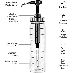 EHUNYELF Condiment Press Bottles, Coffee Syrup Pump Dispenser- No Drip, Glass Pump Dispenser 17 OZ, Dispenser Great for Ketchup, Salad, BBQ Sauce,Honey, Oyster Sauce, Oil.(2 Pack)