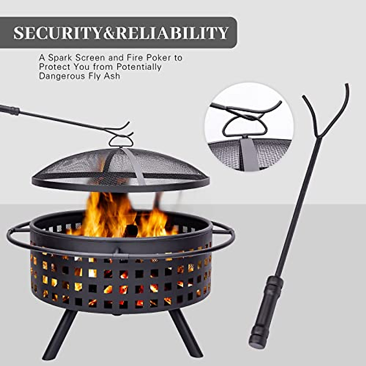 Vipush Fire Pit - 30in Black Crossweave Outdoor Fire Pit, Wood Burning Fire Pit with Spark Screen, Fireplace Poke, Cover - Fire Pit for Outside, Patio, Garden, Backyard, Decking