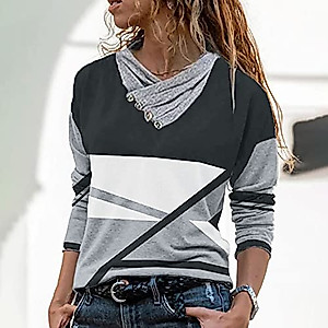 Petite Tops for Women Casual V Neck T Shirts Geometric Print Long Sleeve Blouse with Button Decor Winter Basic Pullover Black
