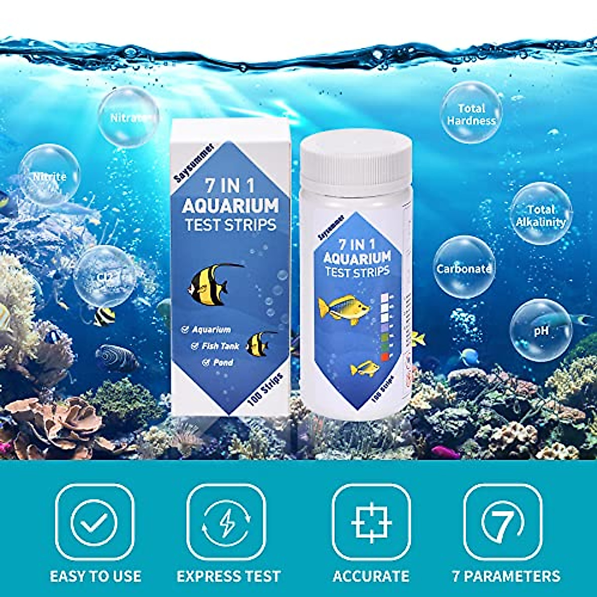 7-Way Aquarium Test Strips, 100 Strips Aquarium Testing Kit for Freshwater Saltwater, Fish Tank Pond Test Strips Testing pH, Alkalinity, Nitrite, Nitrate, Chlorine, Carbonate, Hardness