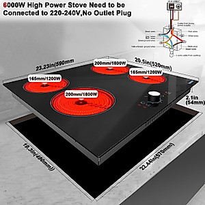 Karinear 24 Inch Electric Cooktop 4 Burners Electric Stove Top, 220-240v Built-in Electric Ceramic Cooktop with Knob Control,9 Power Levels, Black Glass,No Plug