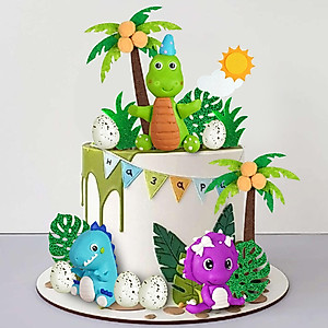 Dinosaur Cake Toppers Clay Dinosaurs Palm Leaves Dinosaur Eggs for Boy Girl Kid Birthday Baby Shower Dinosaur Theme Jungle Party Supplies (Multicolor)