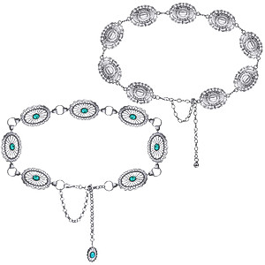 Kigeli 2 Pcs Women Western Belt Flower Turquoise Chain Belt Adjustable Waist Belts Turquoise Belt Silver Metal Western Belts(Classic Style)