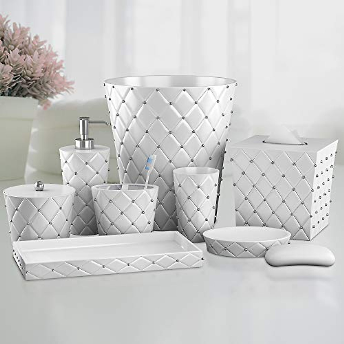 Ceramic Jewel Collection Bathroom Accessories Set for Vanity Countertops 8 Piece Includes Container, Soap Dish,Toothbrush Holder,Tumbler,soap pump,Waste Basket,Tissue Box Holder,Tray-White/Silver