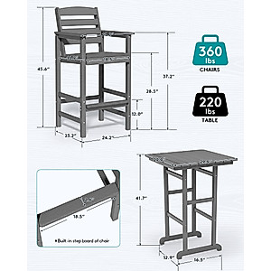 SERWALL Balcony Adirondack Chairs and Table 3 Pieces Set, Adirondack Bar Height Chairs Set of 2 and Bar Table, Outdoor Bar Stools Set, Gray