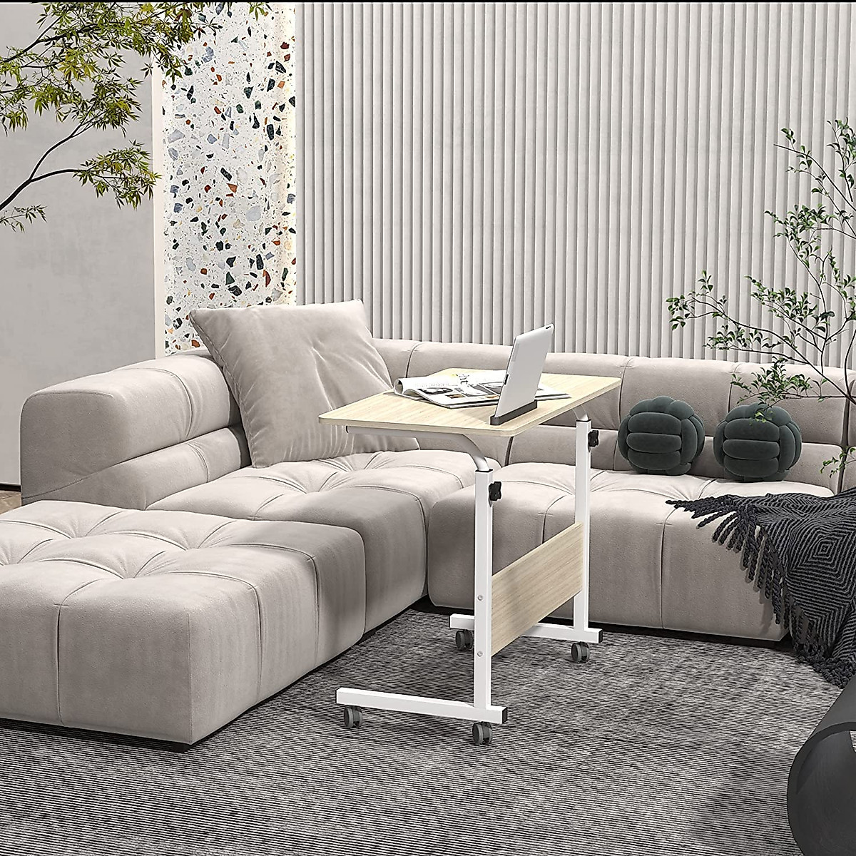 SogesPower 31.5 inches Mobile Laptop Desk with Slot Adjustable Side Table Computer Stand for Bed Sofa, White Maple