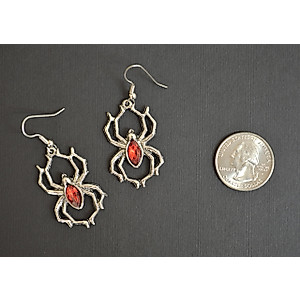 Gothic Spider Dangle Earrings with Red Stone Body Silver Finish Pewter