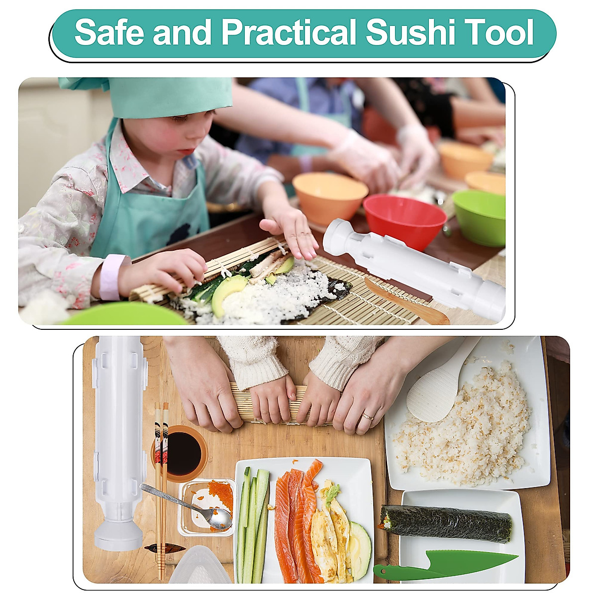 Ajerg Sushi Making Kit - DIY Sushi Roller Mold Maker Kit, Sushi Kit with Bamboo Sushi Rolling Mat, Sushi Bazooka Kit, Rice Mold