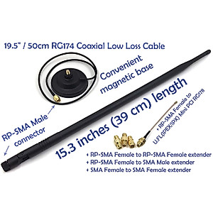 Universal Kit Dual Band Wi-Fi 9dbi Extension Long Range Omni Directional 2.4/5Ghz Antenna RP-SMA Male Connector on Magnet Base with Connectors and Extenders
