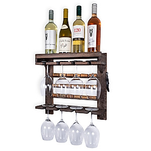 Rustic State Veneto Wall Mount Wood Wine Bottle Rack and Stemware Glassware Organizer Shelf Cork Storage - Magnetic Corkscrew Holder for Champagne, Red & White Wine - Home, Kitchen, Bar Décor