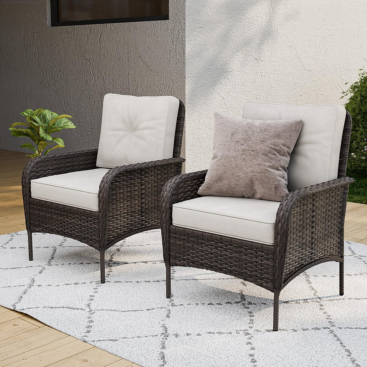 COOS BAY 2-Piece Outdoor Wicker Patio Chair, 2pc PE Rattan Dining Chairs for Garden, Lawn, Deck, Backyard, Beige/Brown