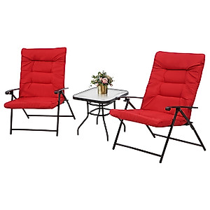 Omelaza 3 Pieces Patio Padded Folding Chair, Outdoor Adjustable Reclining Lounge Chairs with Tempered Glass Table (Red)