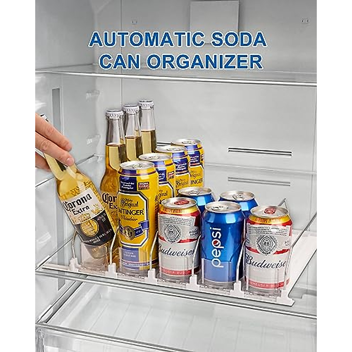 Soda Can Organizer for Refrigerator, 5 Rows Automatic Drink Dispenser for Fridge, Width Adjustable Soda Can Dispenser for Refrigerator, Beer Pop Can Water Bottle Storage for Pantry (White, 12.2"Deep)