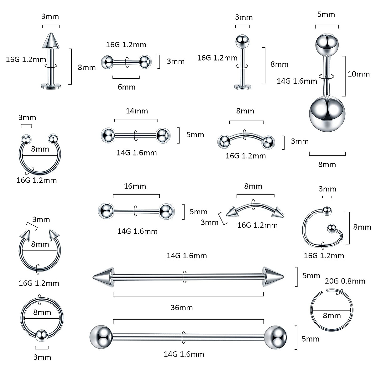 Xpircn Piercing Kit Jewelry 14G 16G 20G Stainless Steel Body Piercing Jewelry, Mixed Piercing Needles
