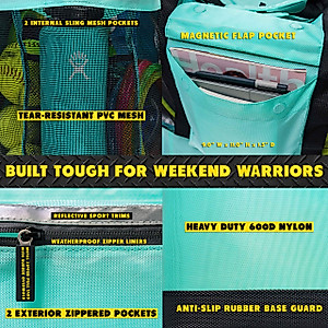 ToteCooler Beach Picnic Mesh Tote Bag with Zipper Top, Dual Internal Sling Bottle Pockets, 3 Exterior Pockets and Insulated Soft Cooler with Anti-Slip Rubber Base Guard (Seafoam)