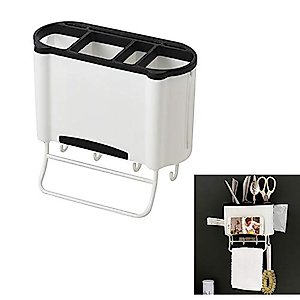 CHERISH Kitchen Multifunctional Wall Storage Rack, Adhesive Wall Mount Cutlery Knife Holder Hanger, Kitchen Cooking Utensil Holder Caddy with Phone Holder and 4 Hooks, Spoon and Fork Holder Rack