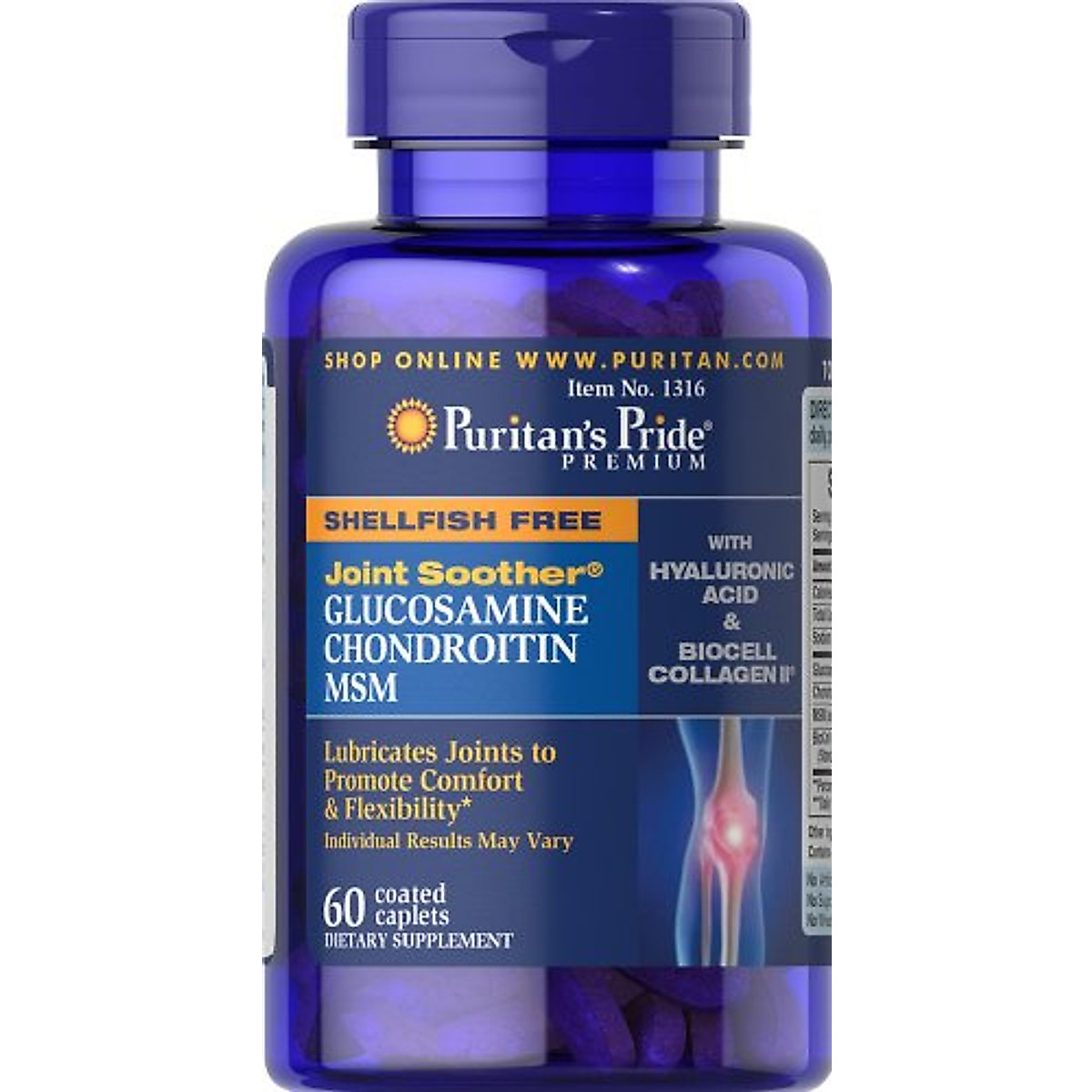 Joint Soother Glucosamine, Chondroitin & MSM with Hyaluronic Acid & Collagen, 60 Count by Puritan's Pride, White