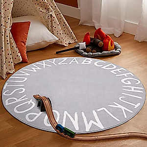 LIVEBOX Round ABC Kids Rug for Boy and Girl,Circle Washable Area Rug Non-Slip Crawling Play Mat for Playroom,Alphabet Nursery Area Rug Circular Learning Carpet for Bedroom (47",Grey)