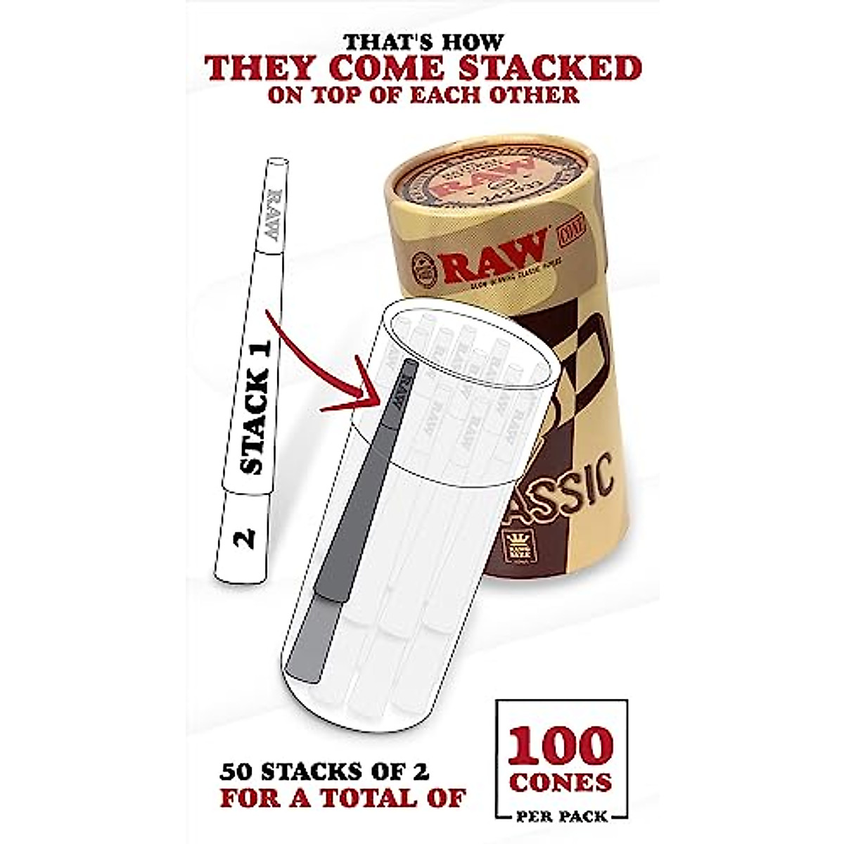 RAW Cones Classic King Size | 100 Pack | Natural Pre Rolled Paper with Tips and Packing Tubes Included