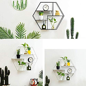 PIBM Stylish Simplicity Shelf Wall Mounted Floating Rack Shelves Hexagon Iron Art Storage Display Stand Study Room Shop Strong Bearing Capacity,2 Colors,4 Layers, Awhite , 52x11x45cm