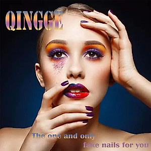 QINGGE Pink Press on Nails Short Length Square Fake Nails with Green Gold Stripe Design Fashion Stick on Nails Glue on Nails Glossy Acrylic Nails False Nails for Women 24Pcs