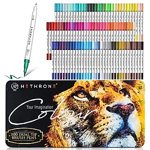 Hethrone Markers for Adult Coloring - 100 Colors Dual Tip Brush Pens Art Markers Set, Fine Tip Markers for Calligraphy Painting Drawing Lettering (100 Colors White Lion)