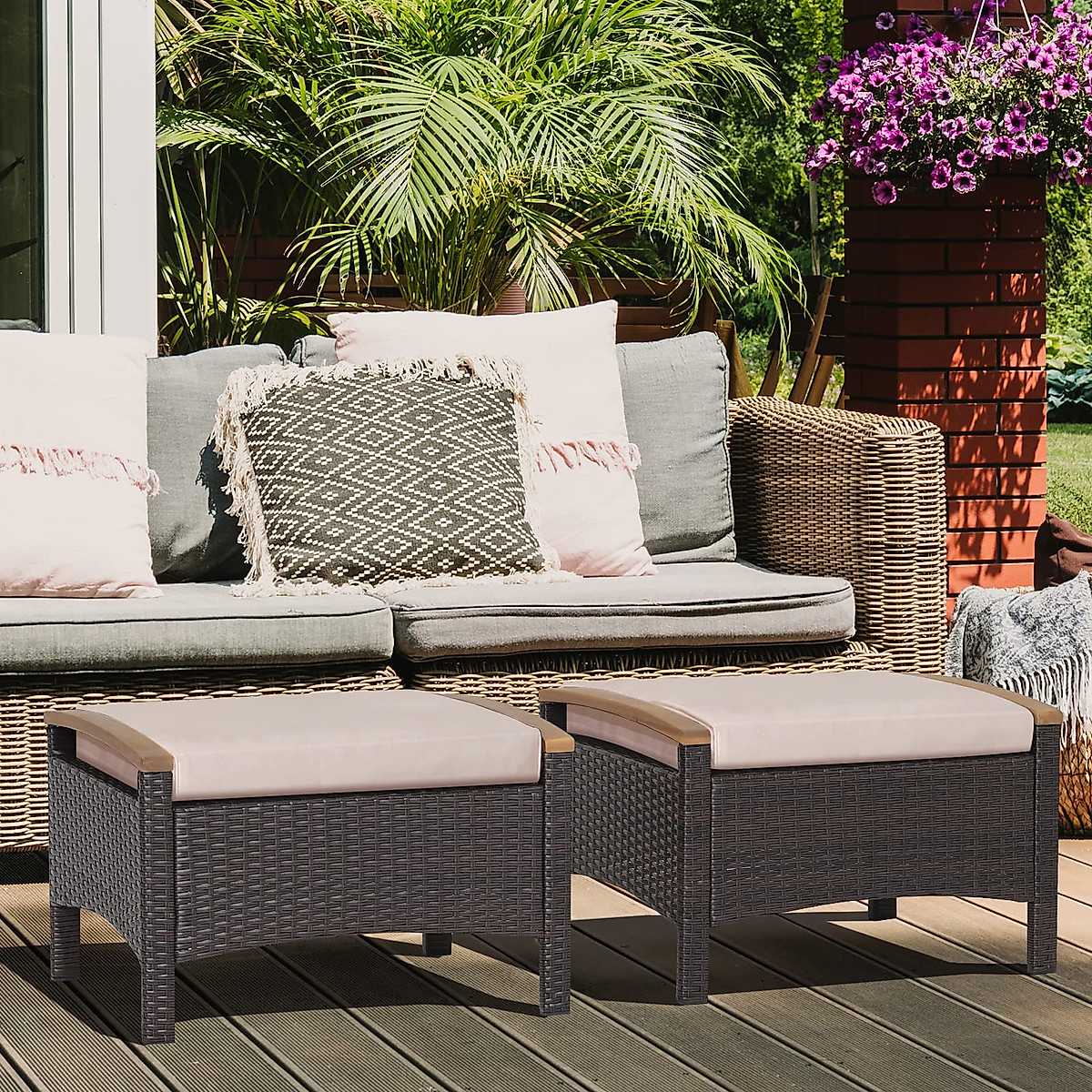 RELAX4LIFE Outdoor Wicker Ottomans for Patio - 2 Pieces PE Rattan Ottoman, Footrest Seat with Zippered Cushions, Acacia Wood Handles, 3-in-1 Footstool, Side Table for Poolside, Backyard (Brown)