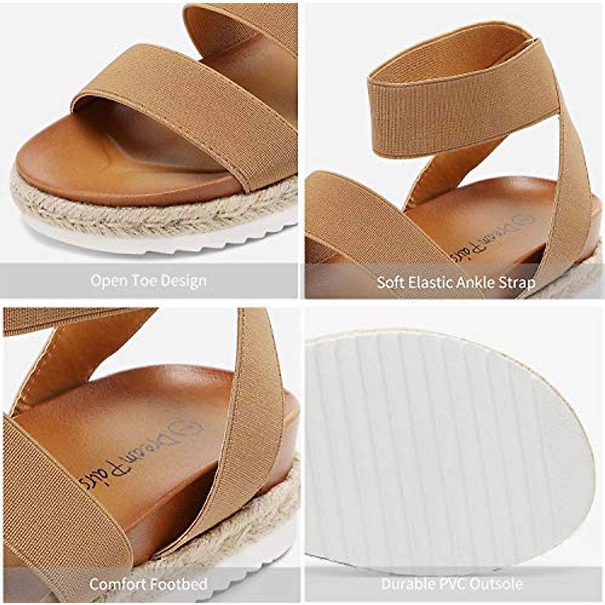 DREAM PAIRS Women's Open Toe Elastica Ankle Strap Espadrille Dressy Flatform Wedge Sandals Elastic Ankle Strap Platform Sandals, Jimmie, Camel, Size 7