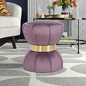 Joveco Round Velvet Ottoman, Upholstered Vanity Stool Footrest Footstool Side Table Seat with Metal Band for Makeup Room Living Room Bedroom (Purple)