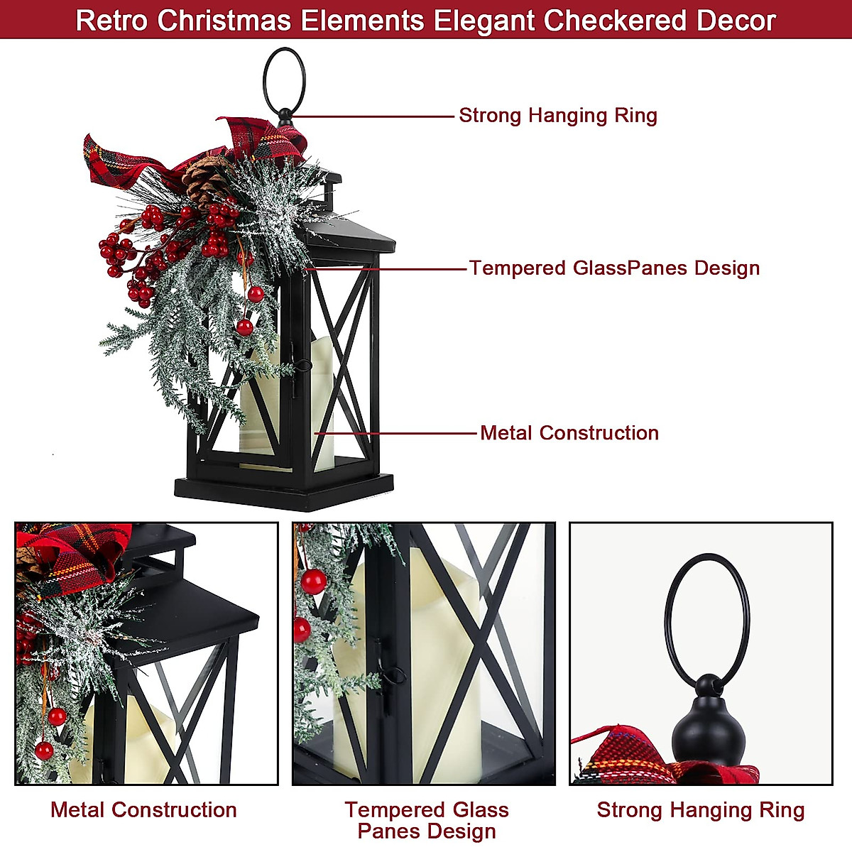 Christmas Candle Lantern 14Inch, Christmas Lanterns Garden Flashing Candle Light, Decorative Hanging Lantern for Indoor Home Tables and Fireplaces Outdoor Patios