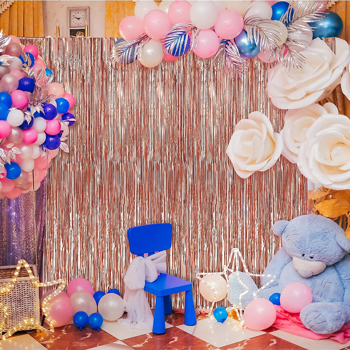 Crosize 2 Pack 3.3 x 9.9 ft Rose Gold Foil Fringe Backdrop Curtain, Streamer Backdrop Curtains, Streamers Birthday Party Decorations, Tinsel Curtain for Parties, Photo Booth Backdrops, Party Décor