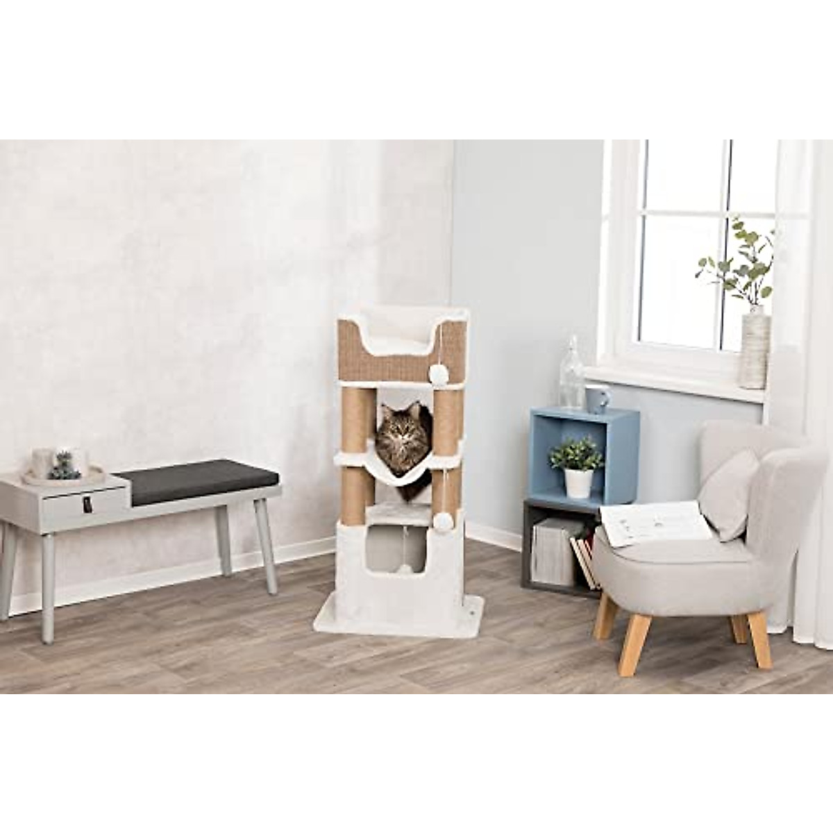 TRIXIE Lucano XXL 43-in Cat Tower, Sisal Scratching Posts, Cat Tree with Plush Condo, Cushions, Dangling Cat Toys, Brown