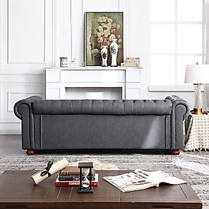 Neylory Leather Couches for Living Room, 3 Seater Classic Chesterfield Sofa Couch with Button Tufted Back and Roll Arms, 88.5-Inch Faux Leather Sofa with Nailhead Trim and Solid Wood Legs