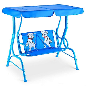 ReunionG Kids Porch Swing, 2 Seats Children Swing Chair w/Safety Belt & Adjustable Hammock Canopy, Kids Patio Swing Bench for Outdoor