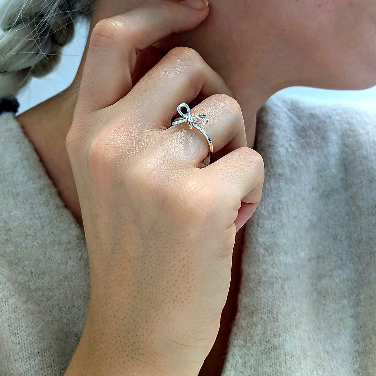 Silverly Women's 925 Sterling Silver Thin Bow Ribbon Knot Open Band Ring