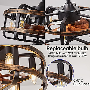 IYUNXI Caged Ceiling Fans with Lights Farmhouse, 18 Inch Flush Mount Vintage Bladeless Rustic Chandeliers Fan Remote Bedroom 6 Light E12 Bulb Base