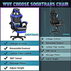 Soontrans Blue Gaming Chair with Footrest,Gaming Computer Chair, Office Gaming Chair Ergonomic Gamer Chair with Height Adjustment,Headrest and Lumbar Support Gamer Chair(Storm Blue)