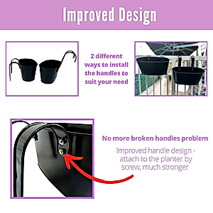 LaLaGreen Railings Outdoor - 2 Pack, 9.8 Inch Black Hanging Flower Pots, Fence Railings Bucket Countryside Modern Plant Holder with Detachable Hook Outdoor Wall Balcony Garden Patio Deck Porch Décor