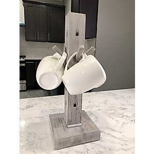 16" Solid Wood Coffee Mug Stand | Coffee Mug Tree | Coffee Mug Rack | Coffee Cup Holder | Adjustable / Removable Hooks | Holds 10 Mugs | Collapsible for Storage | Jewelry / Watch Organization (Gray)