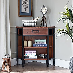 Leick Home 11264 Ironcraft Foyer Corner Rustic Bookcase with Drawer Storage, Mission Oak