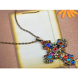 Alilang Ornate Antique Golden Tone Colorful Rhinestone Cross Pendant Necklace, Multicolored