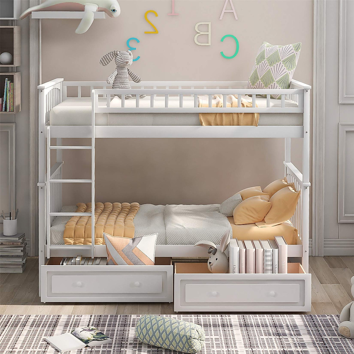 Bunk Beds Twin Over Twin with Drawers, Solid Wood Bunk Beds with Ladder for Boys Girls Teens Adults, White
