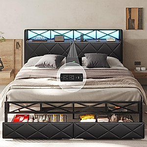 DICTAC California King Bed Frame with Hidden Storage and 2 Drawers Metal Cal King Size Platform Bed with Led Lights and Charging Station Led Bed with Upholstered Headboard,No Box Spring Needed,Black