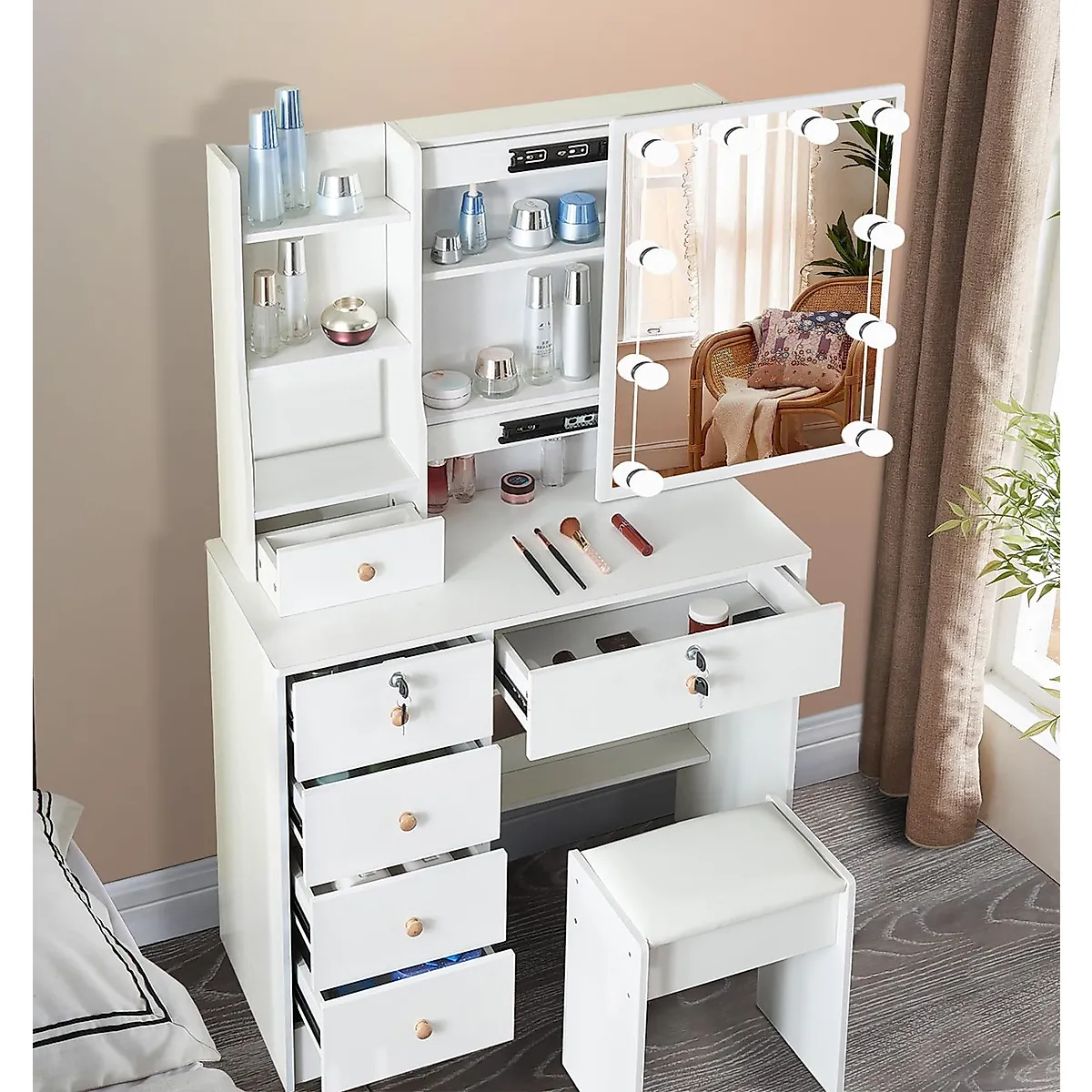 Makeup Vanity Dressing Table with Drawers and Lighted Mirror, White Vanity Set Dresser Desk and Cushioned Stool (US1905)