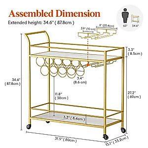 Lifewit Bar Cart, Home Bar Serving Cart, 2 Tier Drink Cart with 9 Wine Bottle Racks, Liquor Beverage Cart for Kitchen Dining Living Room Outdoor, 31.5" x 13" x 34.6", Gold
